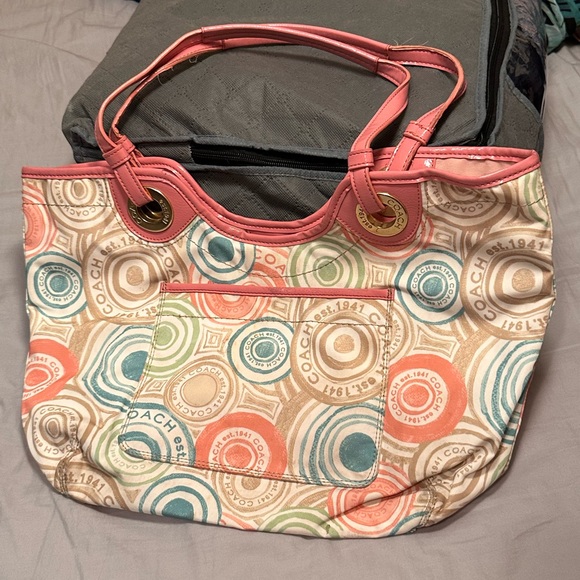 Coach | Bags | Coach Beach Tote Bag Pastel Pink Teal Tan And Green ...